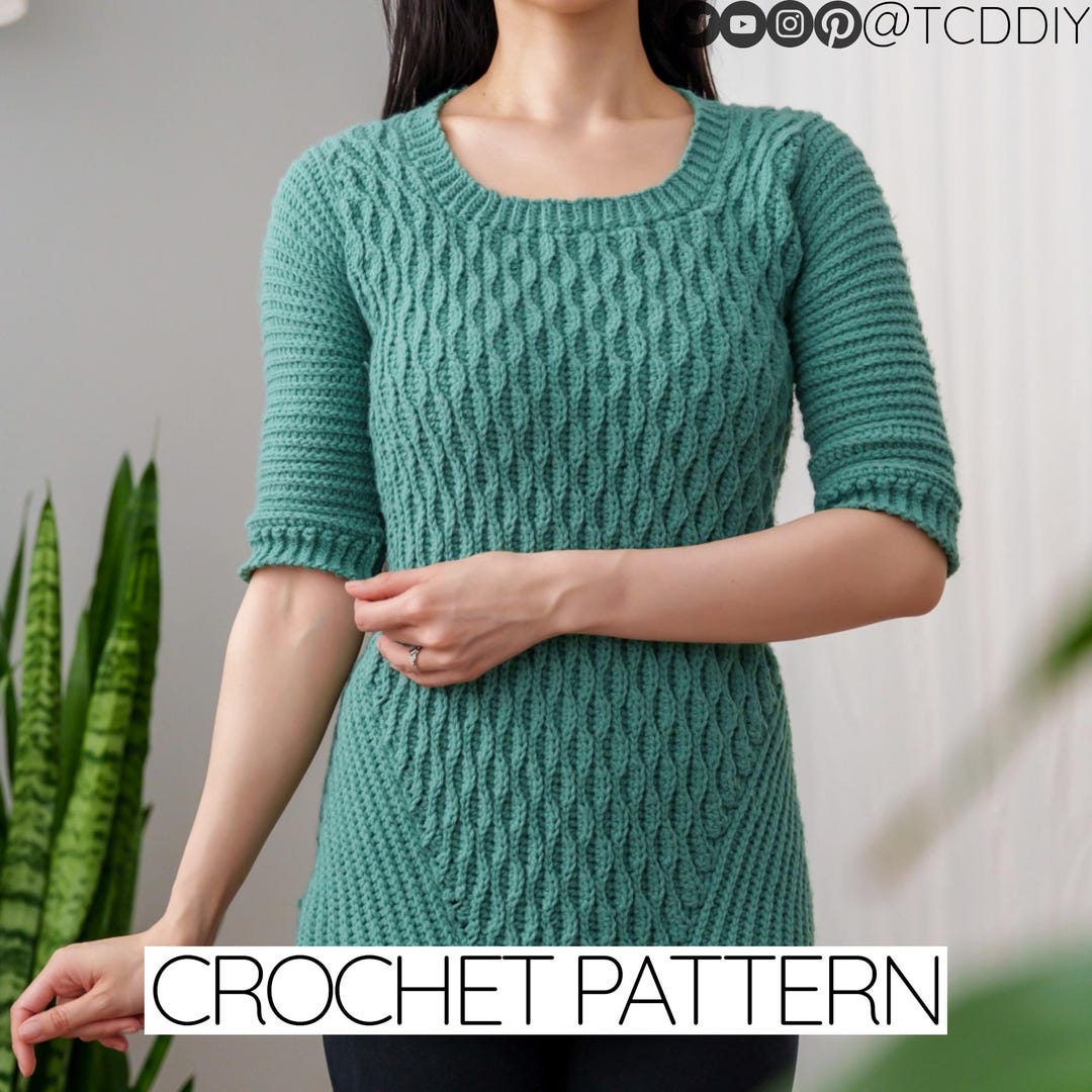 Crochet Pattern | Short Sleeve Tunic Sweater W. Almond Stitch Detail ...