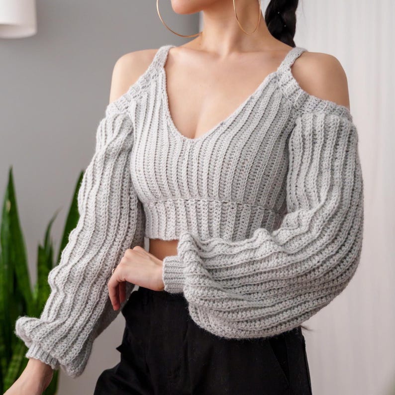 Crochet Pattern | Cold Shoulder Cropped Balloon Sleeve Sweater | Jumper ...