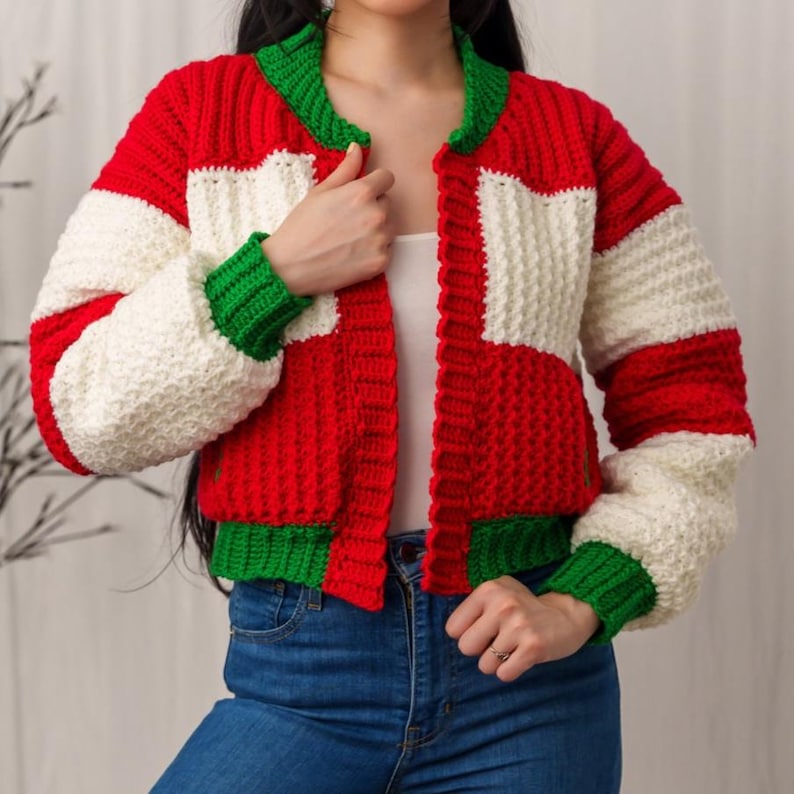 Crochet Pattern | Christmas Bomber Jacket W. Pockets | Holiday Cardigan ...