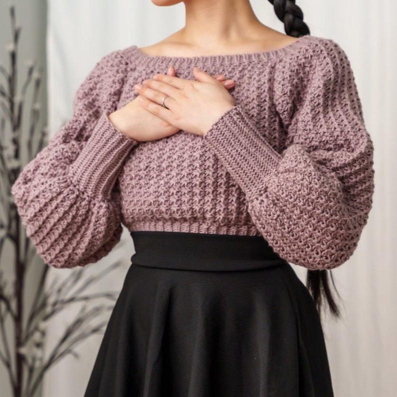 Crochet Pattern | Cropped Boat Neck Balloon Sleeve Sweater | Trinity ...