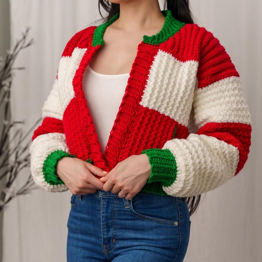 Crochet Pattern | Christmas Bomber Jacket W. Pockets | Holiday Cardigan ...