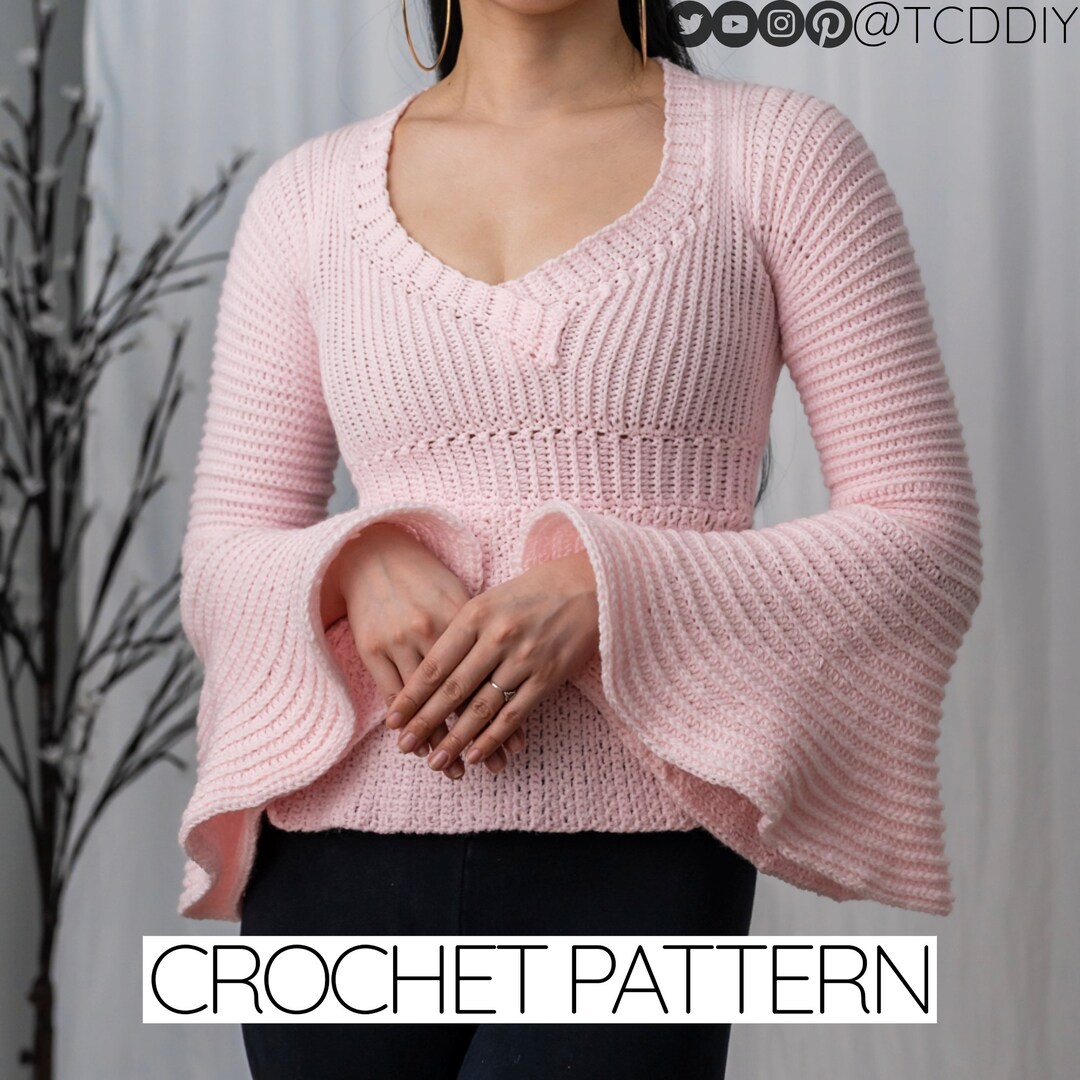 Crochet Pattern | Bell Sleeve V-neck Wrap Top W. Slit | PDF Download - Etsy