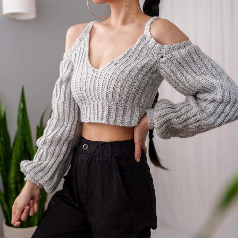 Crochet Pattern | Cold Shoulder Cropped Balloon Sleeve Sweater | Jumper ...