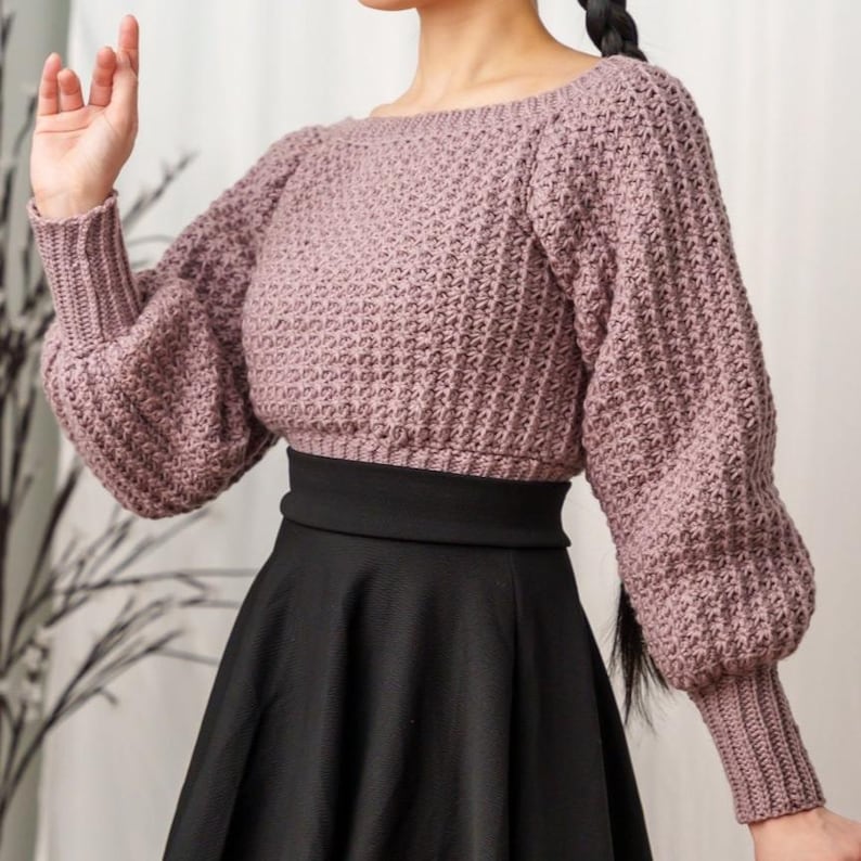 Crochet Pattern | Cropped Boat Neck Balloon Sleeve Sweater | Trinity ...
