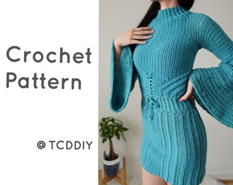 Crochet Pattern Crochet Bell Sleeve Mock Neck Dress Pattern - Etsy