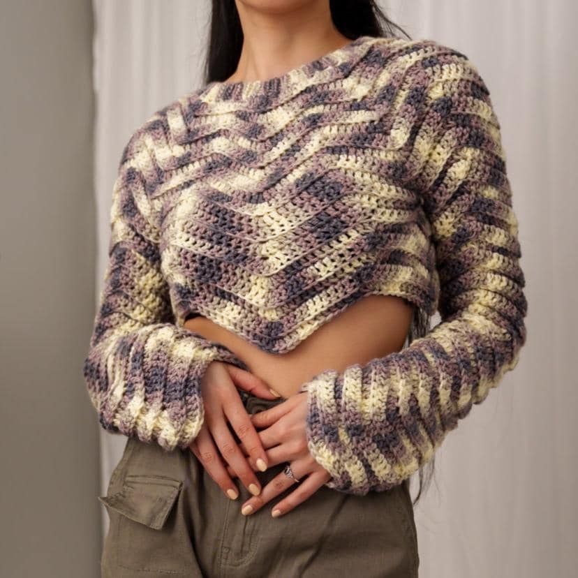 Crochet Pattern | Cropped Long Sleeve Chevron Sweater Top | Crew Neck ...