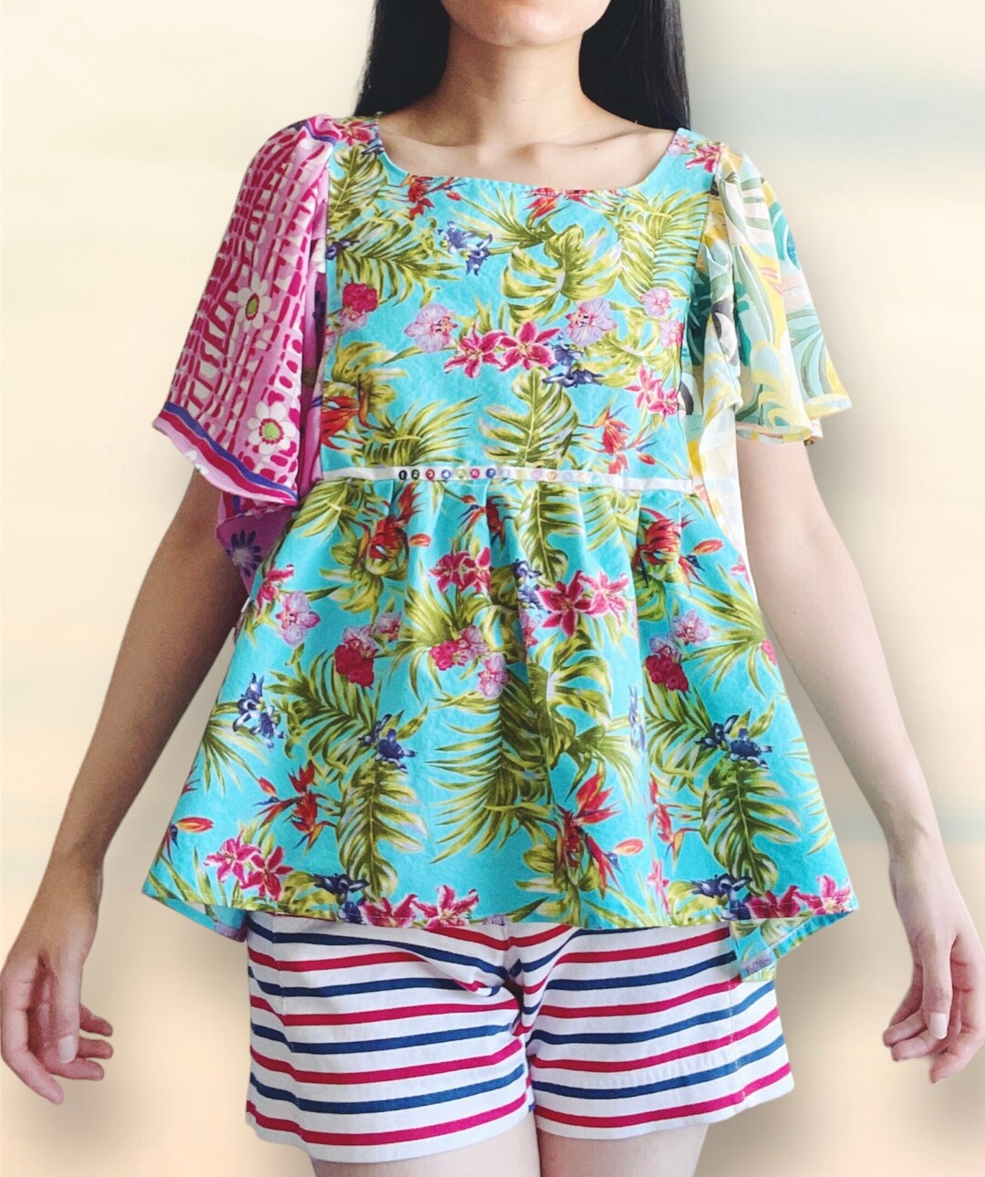 Upcycled Tropical Floral Print Peplum Top, Vacation Casual Summer Top S ...