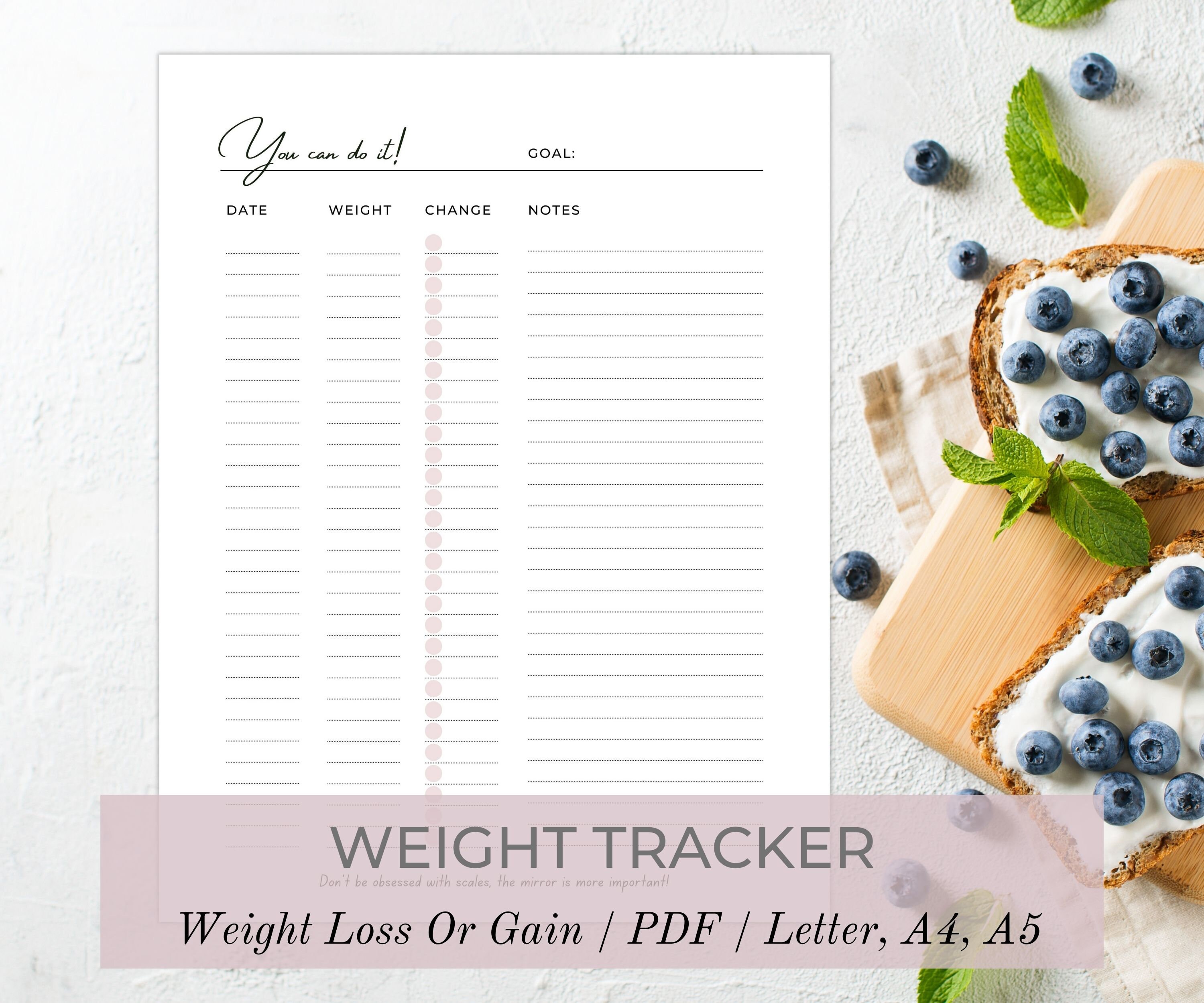 Weight Tracker, Printable Journal for Weight Loss or Gain, Simple ...