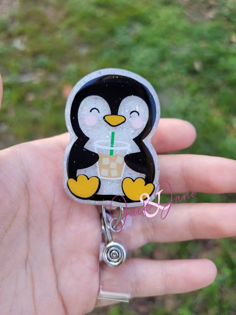 Penguin Badge Reel, Iced Coffee Badge Reel, Penguin Lover Gift, Gift ...