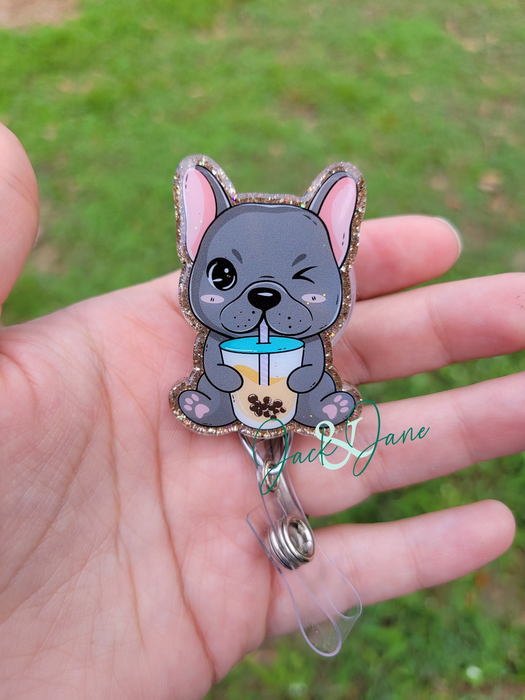 Frenchie Badge Reel, Boba Milk Tea Badge Reel, French Bulldog Lover ...