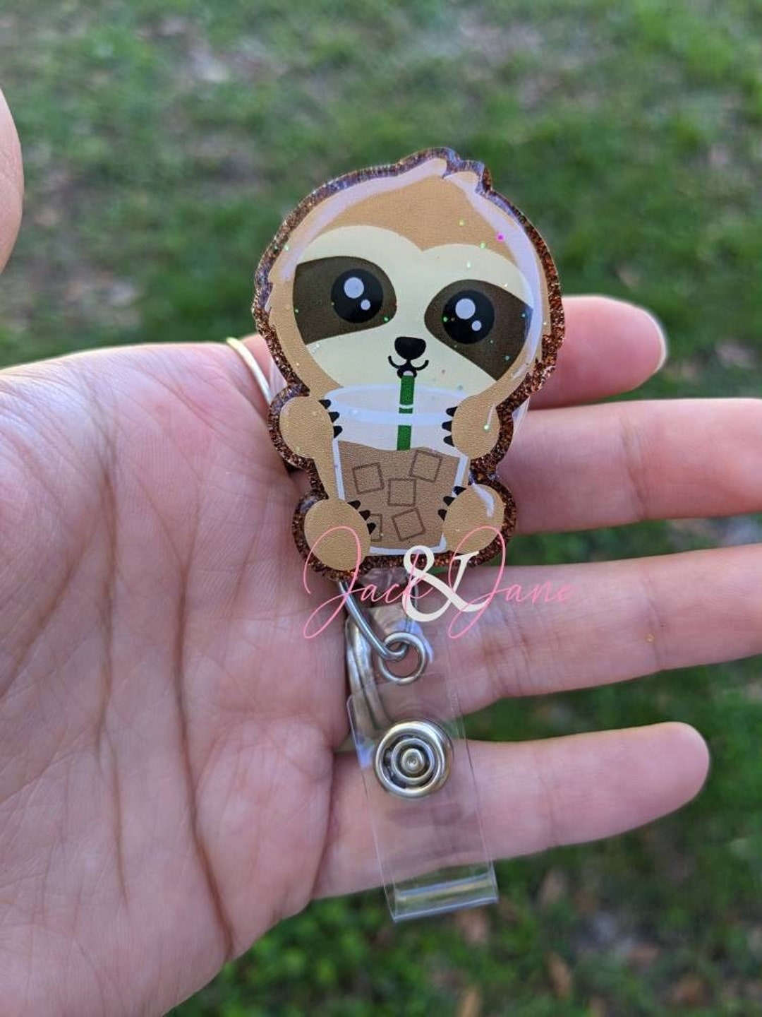 Coffee Sloth Badge Reel, Retractable Badge Reel, Iced Coffee Badge Reel ...