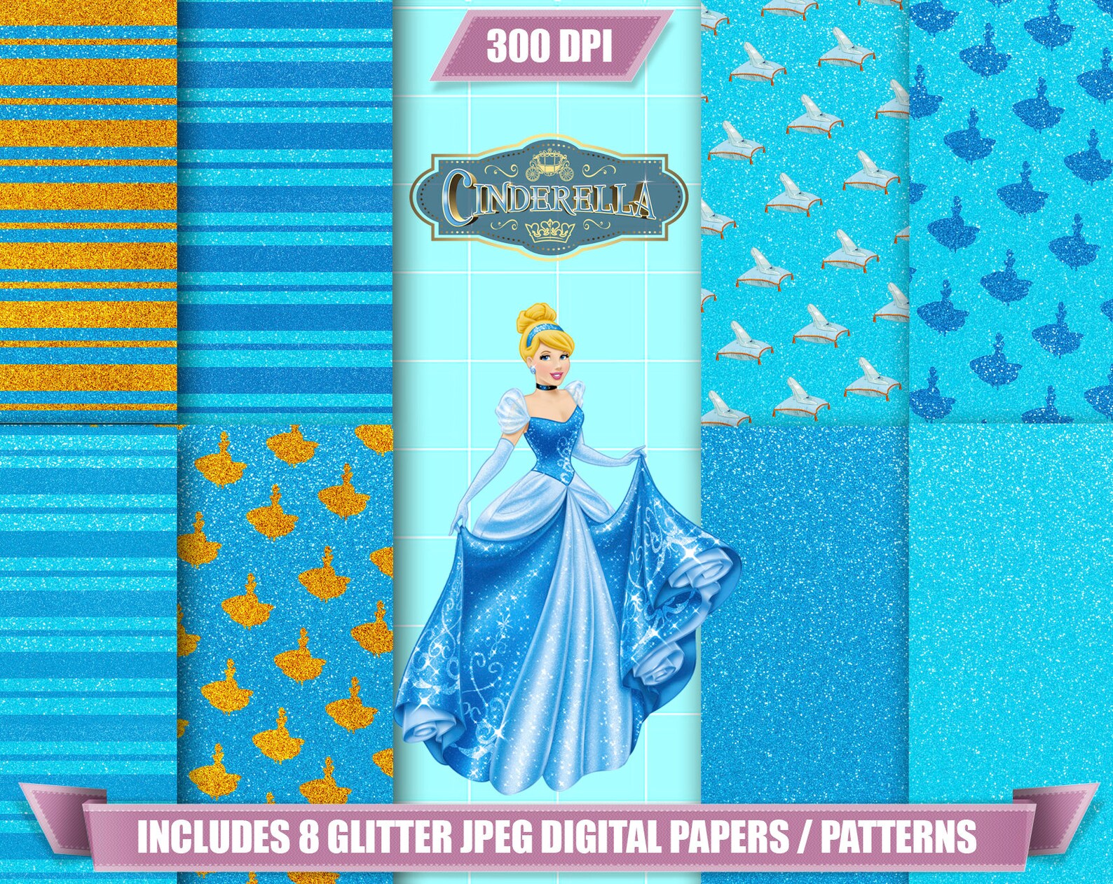 Cinderella digital papers backgrounds patterns glitter | Etsy