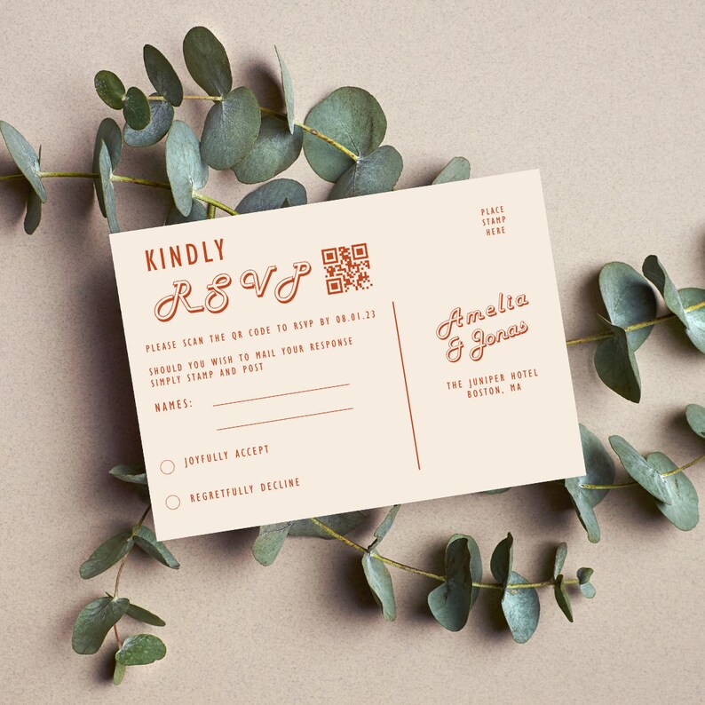 Retro Wedding Invites, Rust Wedding Invites With QR Code, Minimalist ...