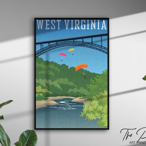 West Virginia Vintage Travel Poster, New River Retro Style Travel Print ...