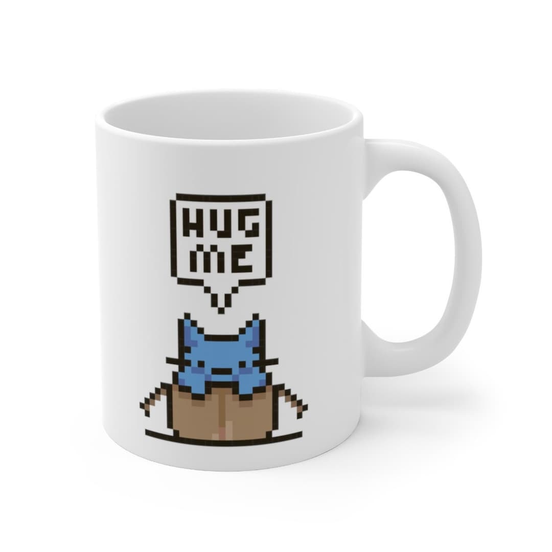Hug Me Pixel Art Coffee Mug, Cute Cat Print Tea Cup, Vintage Pixelated ...