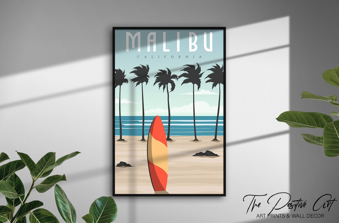 Malibu Vintage Travel Poster, California Retro Style Travel Print ...