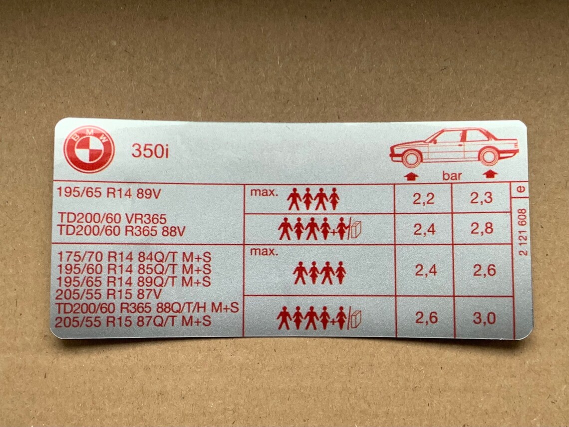1x Tire Size and Pressure BMW E30 350i Swap Custom Label Sticker ...