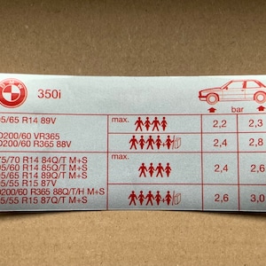 1x Tire Size and Pressure BMW E30 350i Swap Custom Label Sticker ...