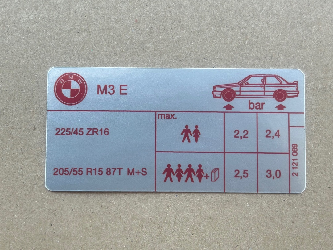 1x Label Sticker BMW M3 E E30 Tire Size and Pressure #2121069 - Etsy