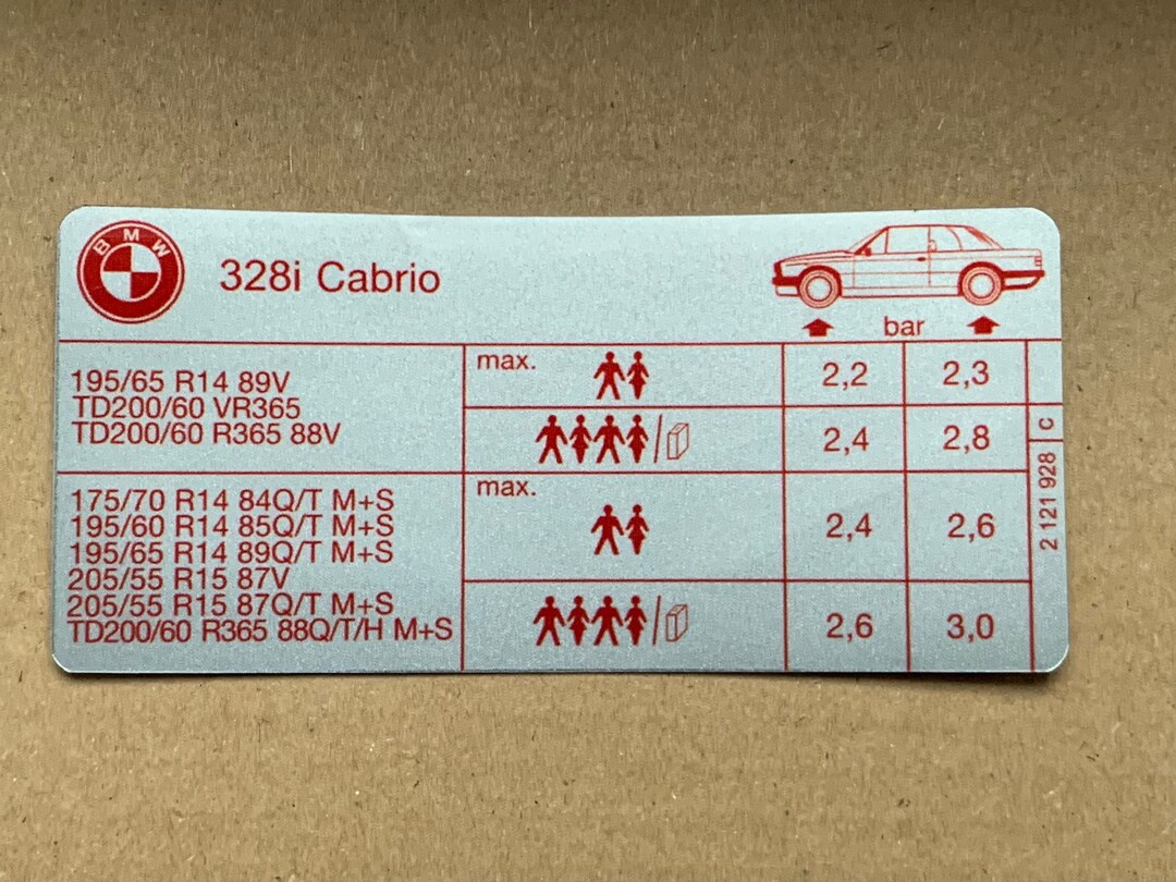 1x Tire Size and Pressure BMW E30 328i Swap - Custom Cabrio Label ...