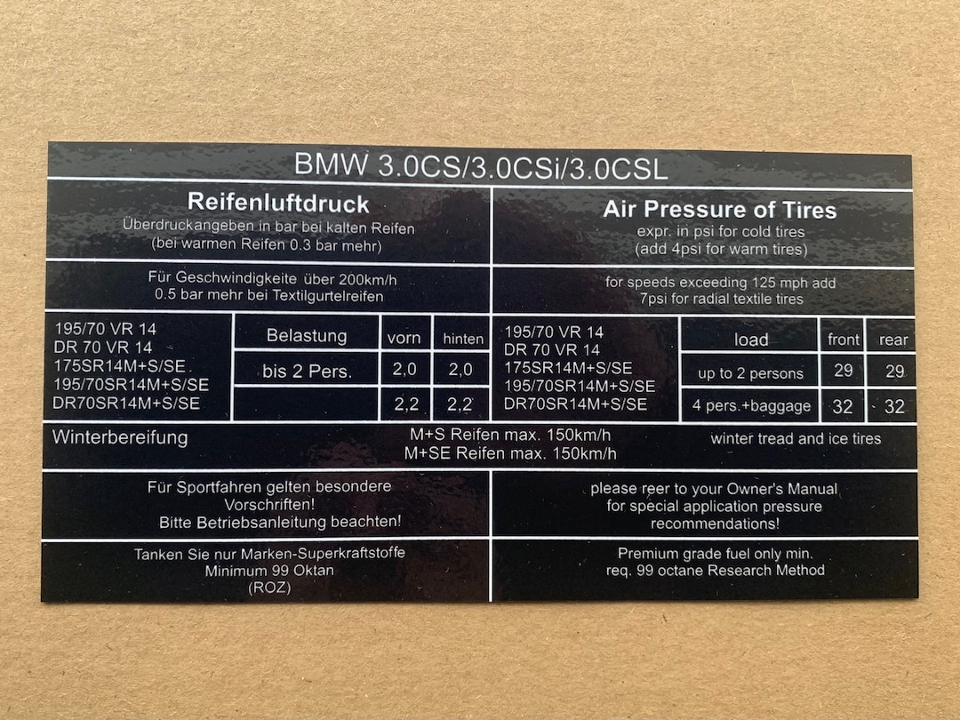 1x Label Sticker Tires Air Pressure Reifenluftdruck BMW E9 3.0CS 3.0csi ...