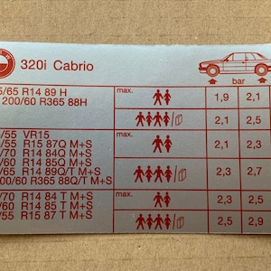 1x Tire Size and Pressure BMW E30 320i Cabrio Label Sticker #2121927 - Etsy