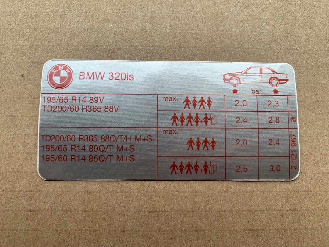 1x Label Sticker BMW E30 320is 'italo M3" Tire Size and Pressure ...