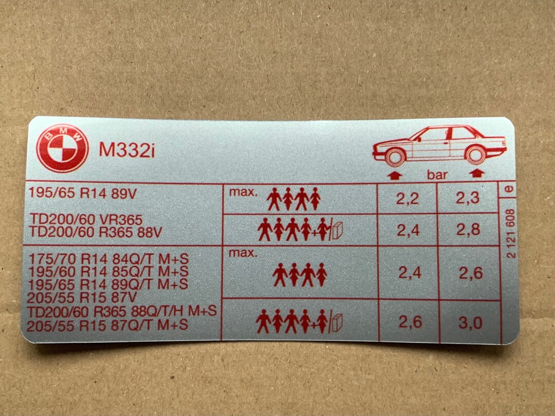 1x Tire Size and Pressure BMW E30 M332i Swap Custom Label Sticker ...