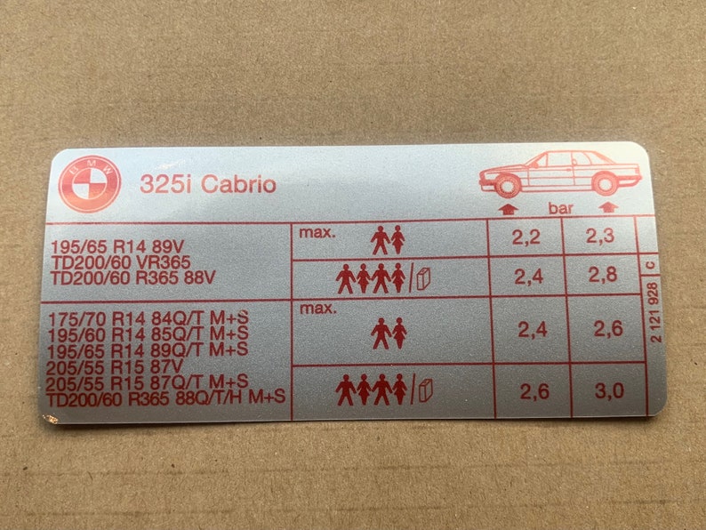 1x Tire Size and Pressure BMW E30 325i Cabrio Label Sticker #2121928 - Etsy