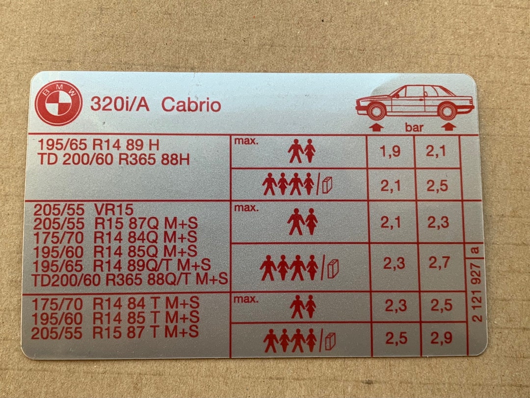 1x Tire Size and Pressure BMW E30 320i 320ia Cabrio Label Sticker ...
