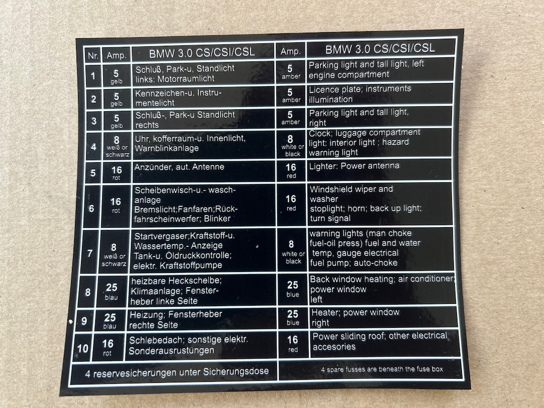 1x Label Fuse System BMW E9 3.0CS 3.0csi 3.0CSL Information - Etsy