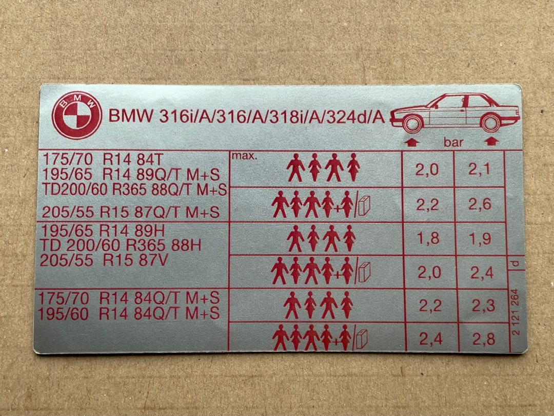 1x Label Sticker BMW E30 316i/a, 316/A, 318i/a, 324td/a Tire Size and ...