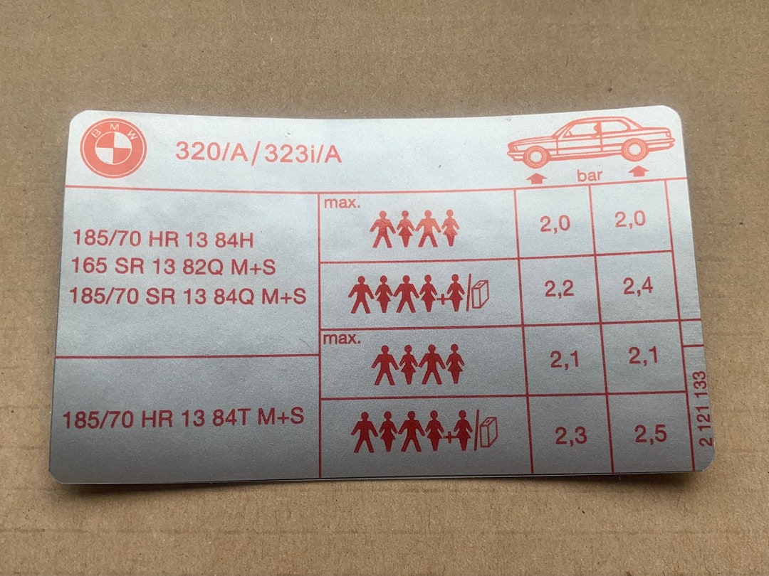 1x Tire Size and Pressure BMW E21 320, 320A, 323i, 323ia Label Sticker ...