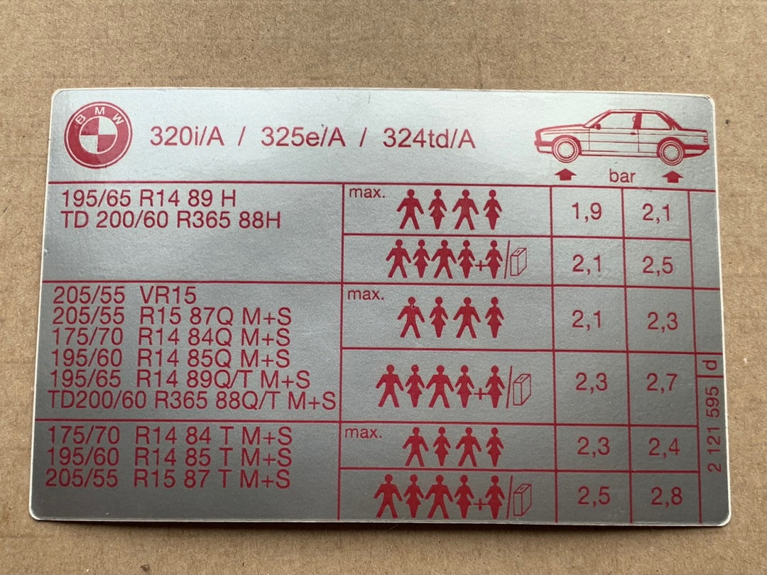 1x Label Sticker BMW E30 320i/a 325e/a 324td/a Tire Size and - Etsy