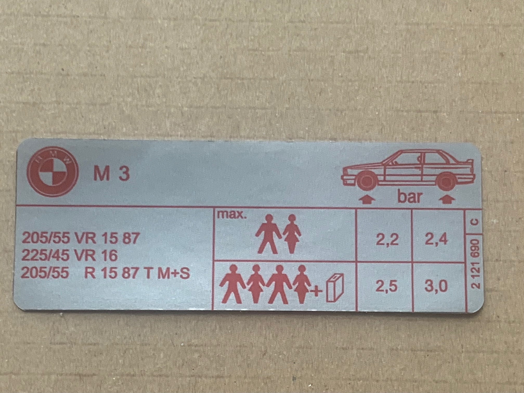 1x Label Sticker BMW M3 E30 Tire Size and Pressure 2121690 - Etsy