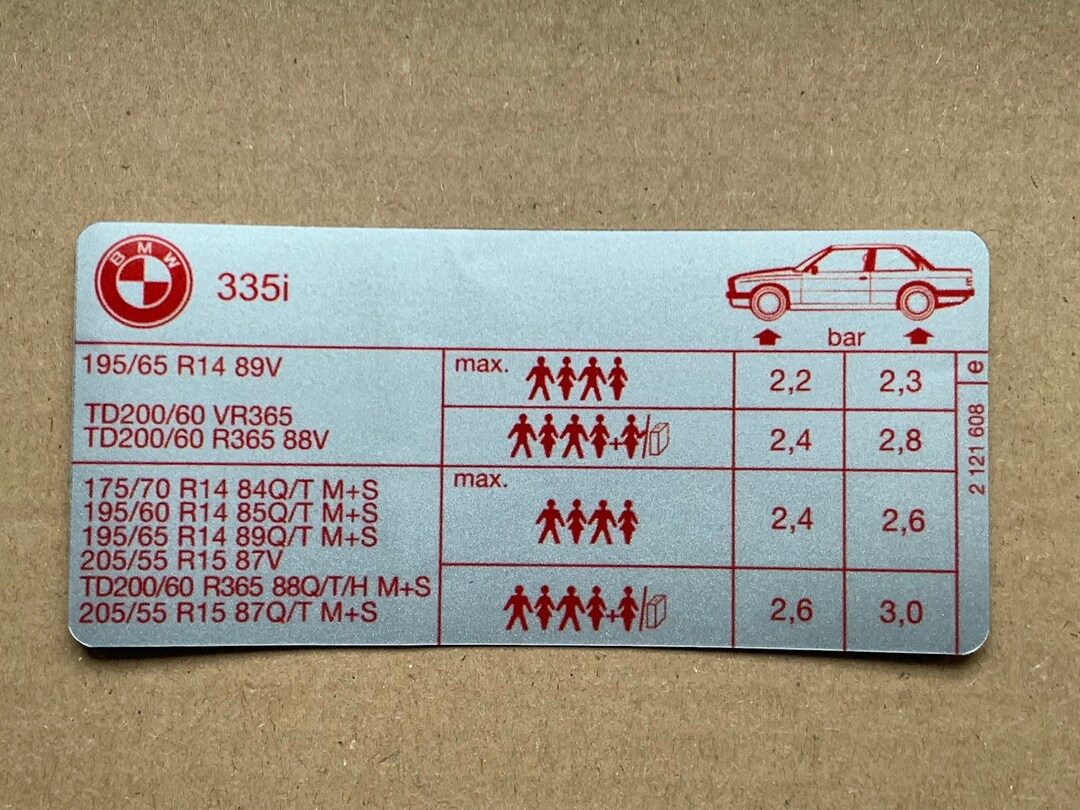 1x Tire Size and Pressure BMW E30 335i Swap Custom Label Sticker ...