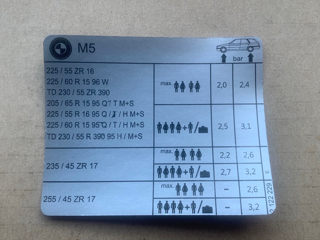 1x Information Sticker BMW E34 M5 Touring Tire Size and Pressure ...