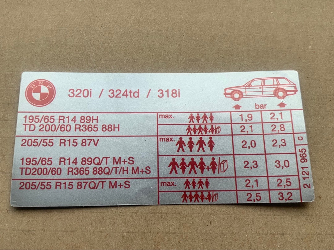 1x Tire Size and Pressure BMW E30 320i, 324td, 318i Touring Label ...