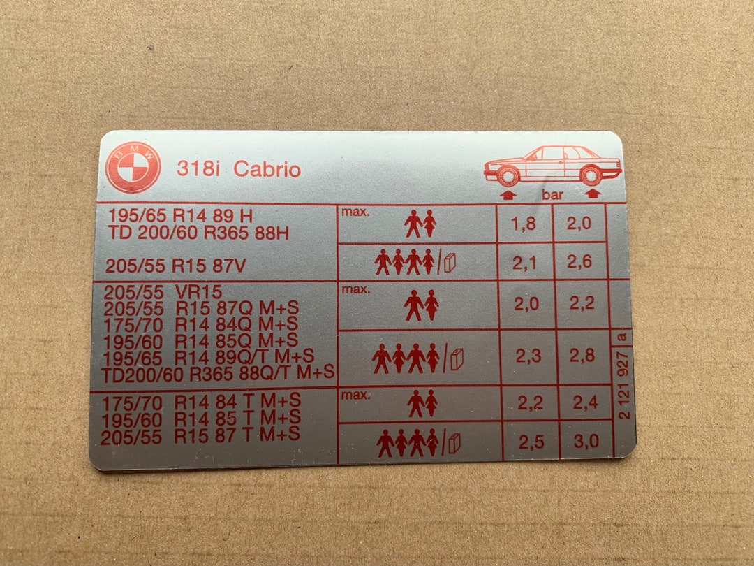1x Tire Size and Pressure BMW E30 318i Cabrio Label Sticker #2121927 - Etsy