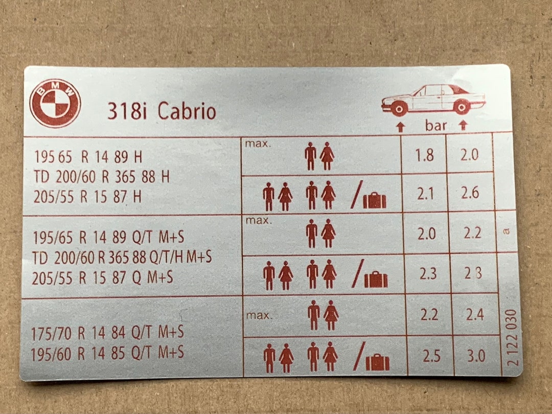 1x Tire Size and Pressure BMW E30 318i Cabrio Label Sticker Newest ...