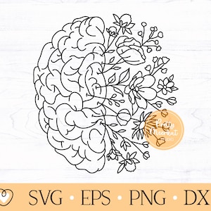 Mental Health Svg, Floral Brain Svg, Brain With Wildflowers Svg, Png ...