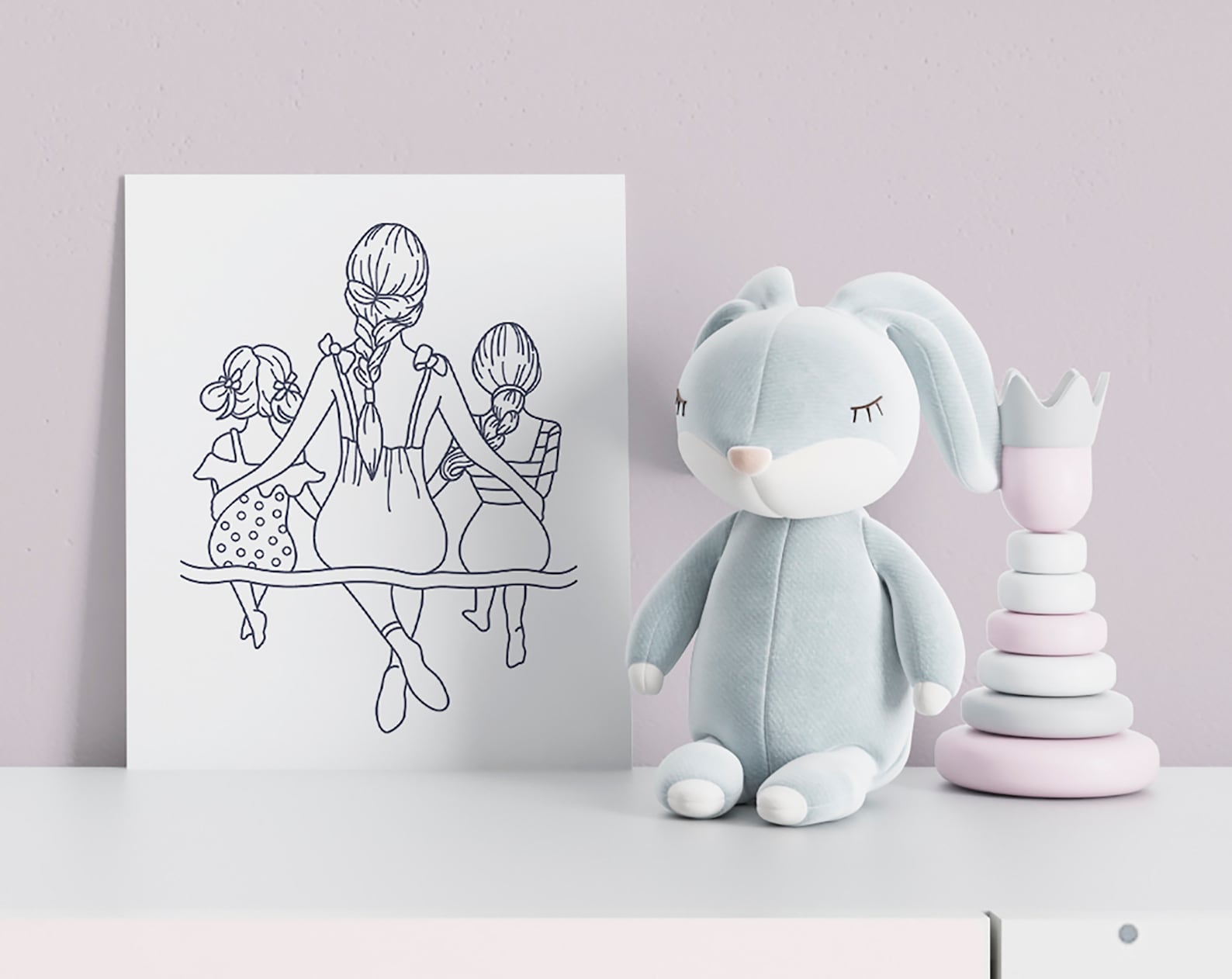 Arte lineal SVG de madre e hijas: Mamá y dos niñas (archivos digitales ...