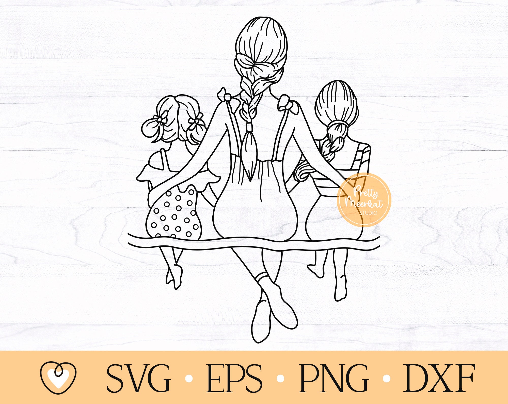 Arte lineal SVG de madre e hijas: Mamá y dos niñas (archivos digitales ...