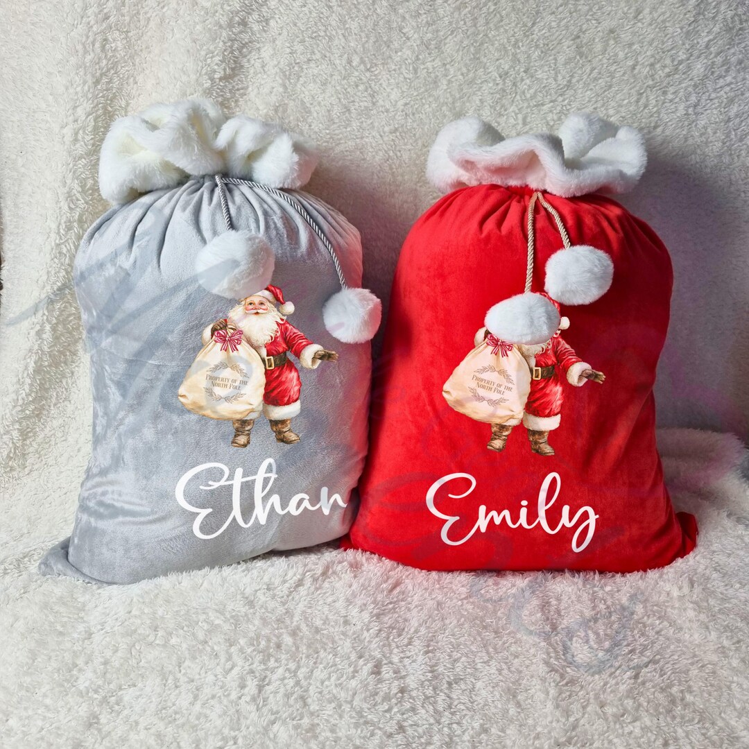 Luxury Plush Velvet Personalised Santa Gift Sacks - Red or Grey - 50cm ...