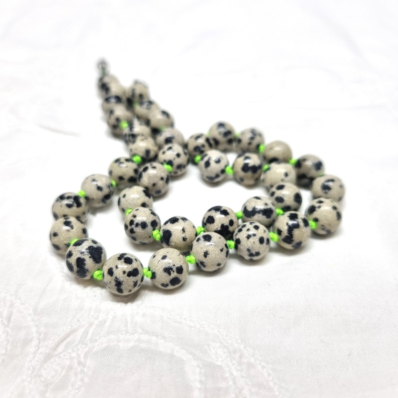 Necklace Dalmatian Jasper Hand-knotted Black White Gray Neon Green ...