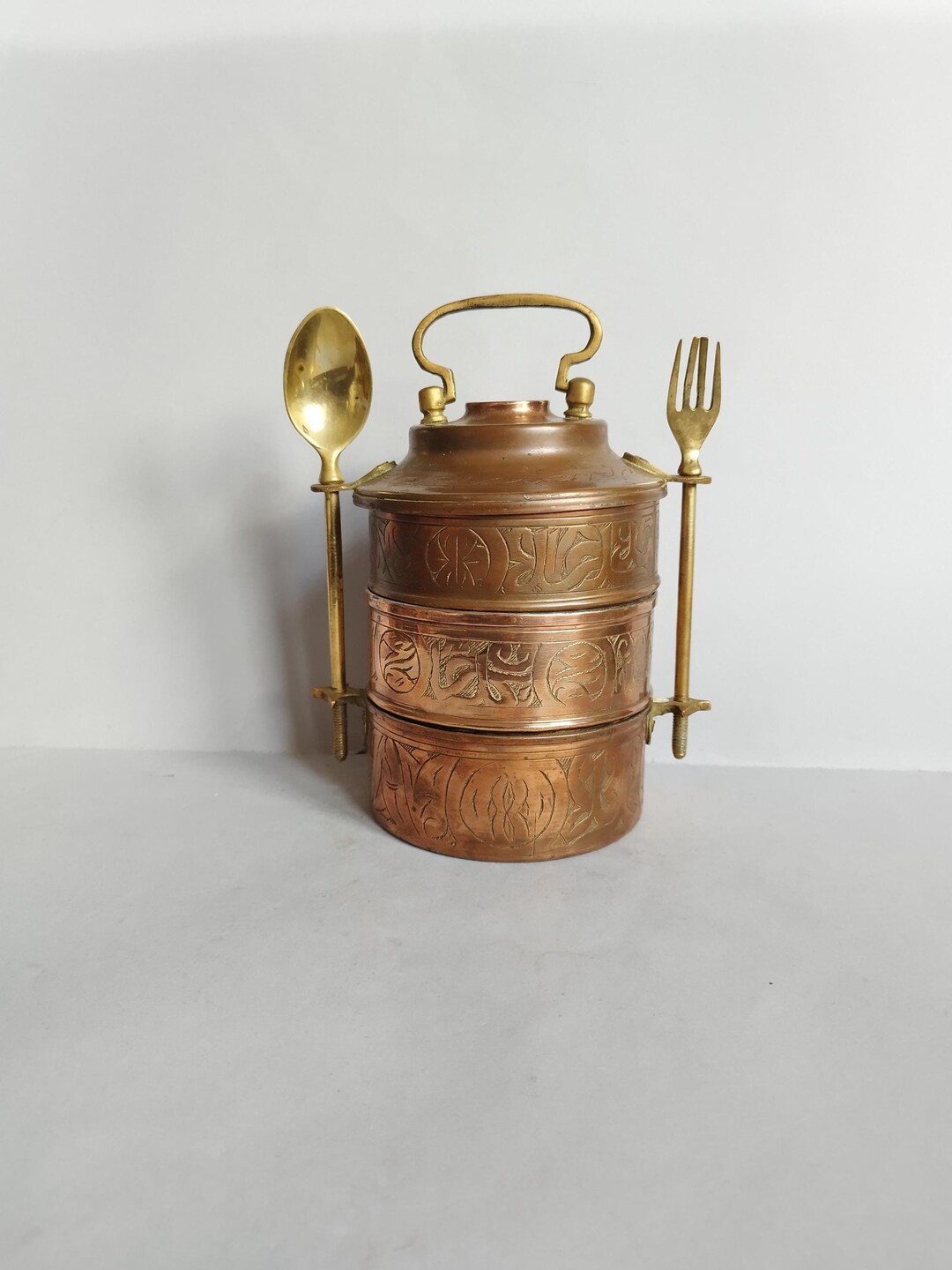 A Lovely Vintage Copper and Bronze Indian Tiffin, Stackable Lunch Box ...
