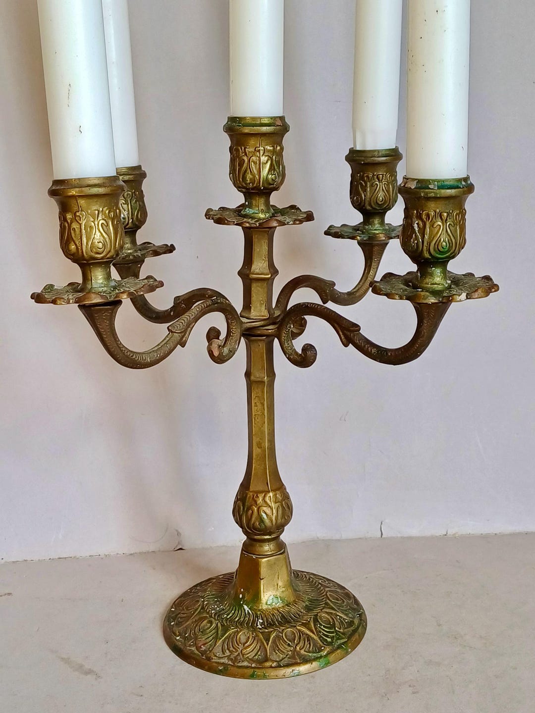 A Nice Art Nouveau Style Foldable Bronze or Brass, Vintage Five Candle ...