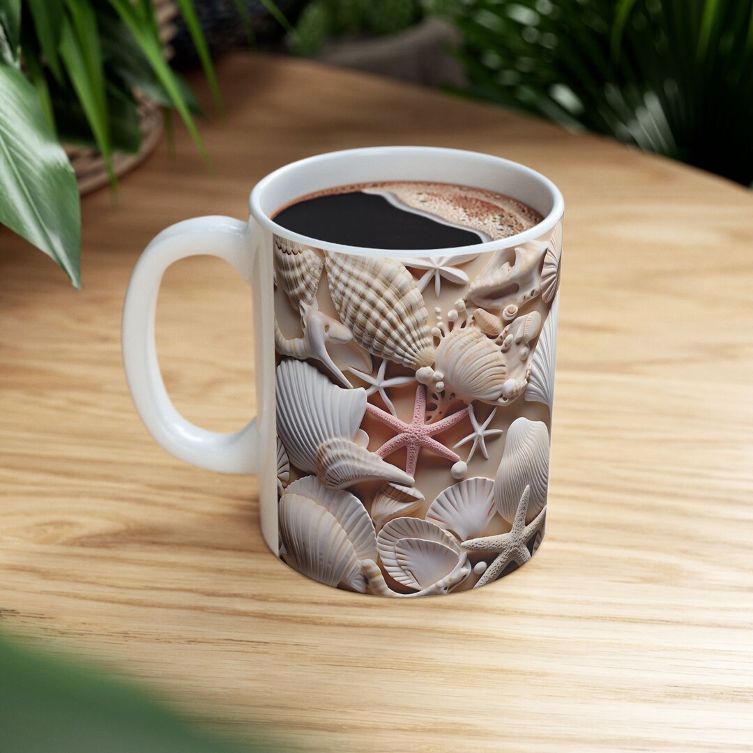 3D Seashell Design Mug, Coastal Beach Mug, Ocean Shell Cups, Nautical ...