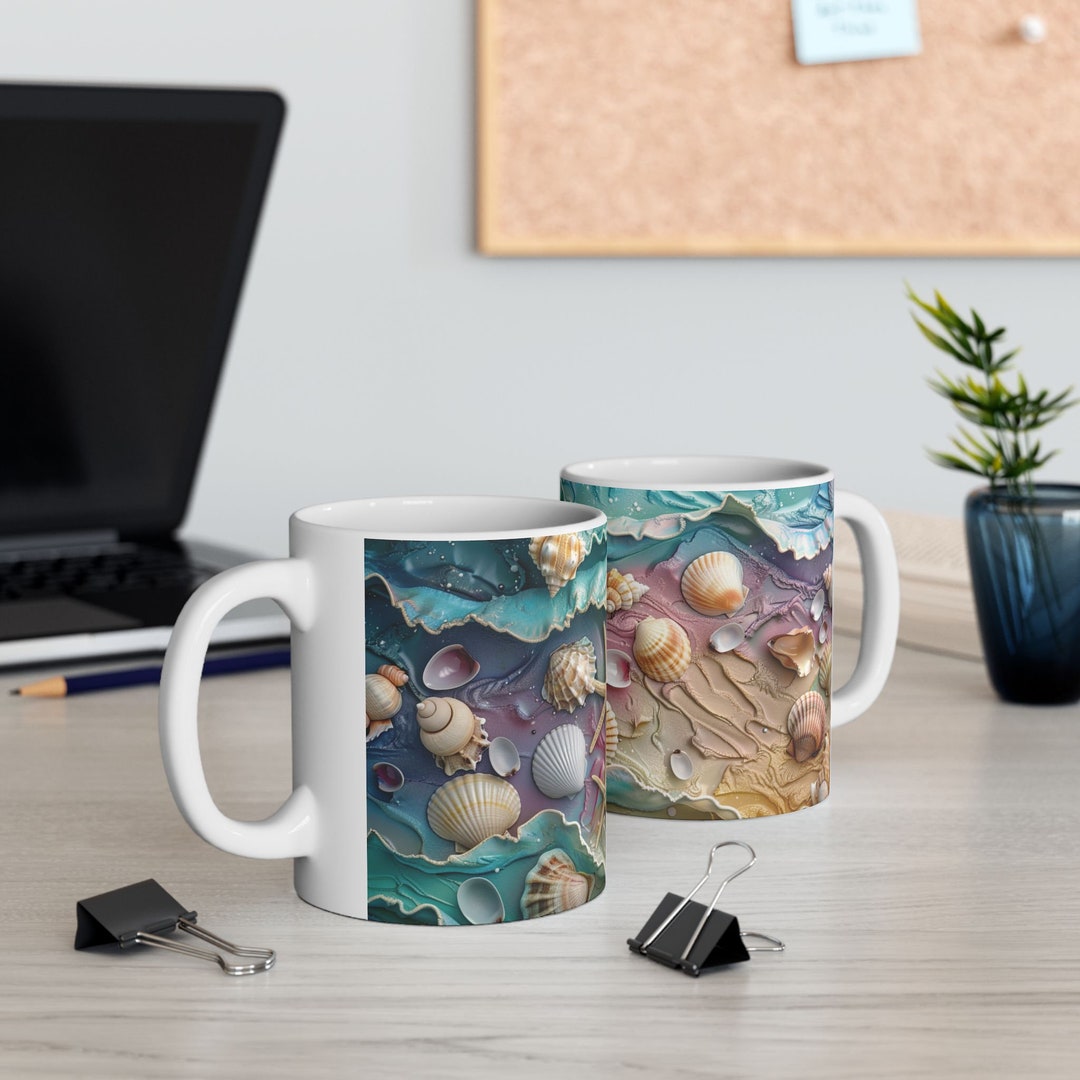 3D Color Seashell Design Mug, Coastal Beach Mug, Ocean Shell Cup ...