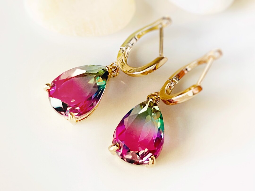 Bicolor Watermelon Tourmaline Dangle Earrings Gold, Green Pink Gemstone ...